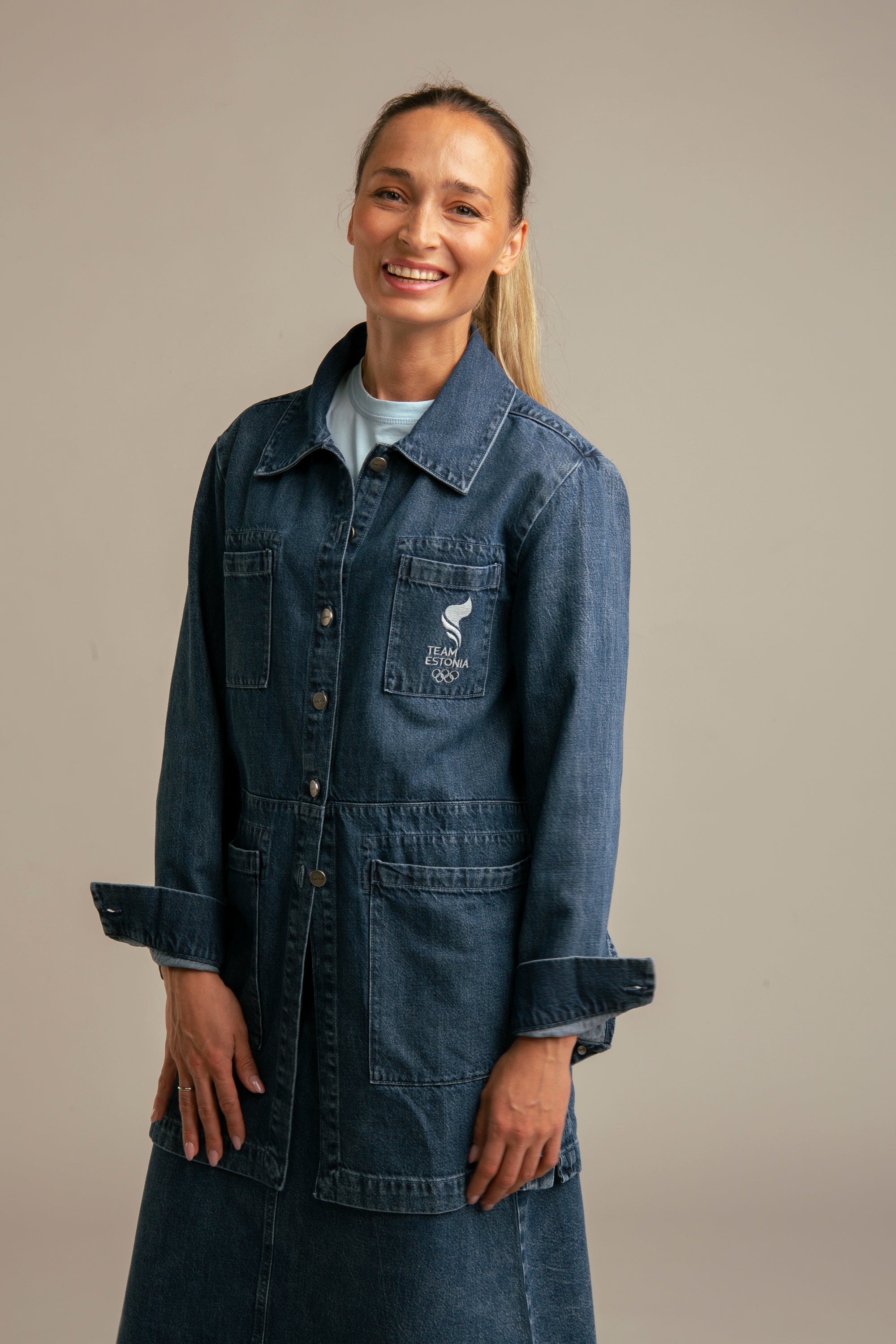 Recycled denim jacket for women | Blue, Team Estonia – Reet Aus